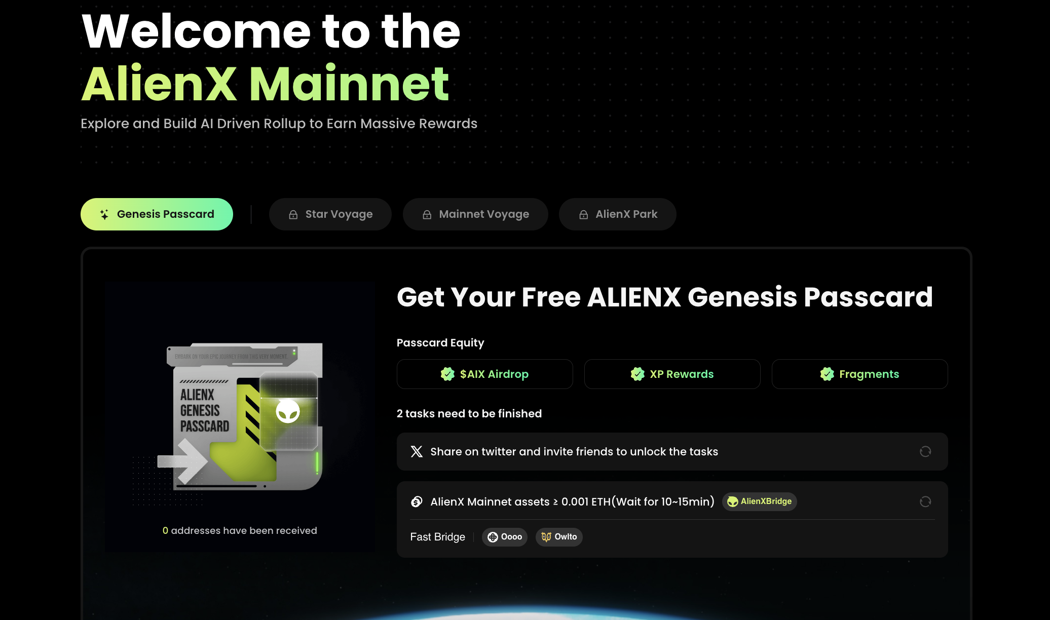 Mainnet Voyage on AlienX. Claim Genesis PassCard to get an airdrop 🪂 DropJet